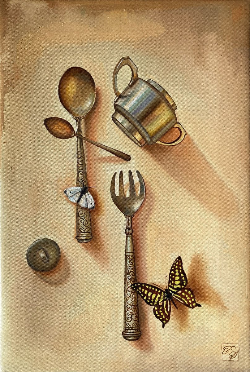 Silverware and Butterflies Oil painting: Priyanka Singh | Artfinder