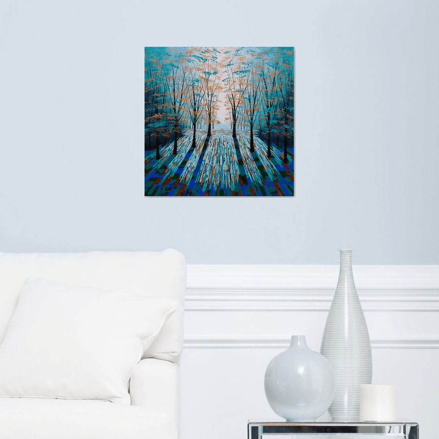 Golden Blue Forest Light Acrylic painting: Amanda Horvath | Artfinder