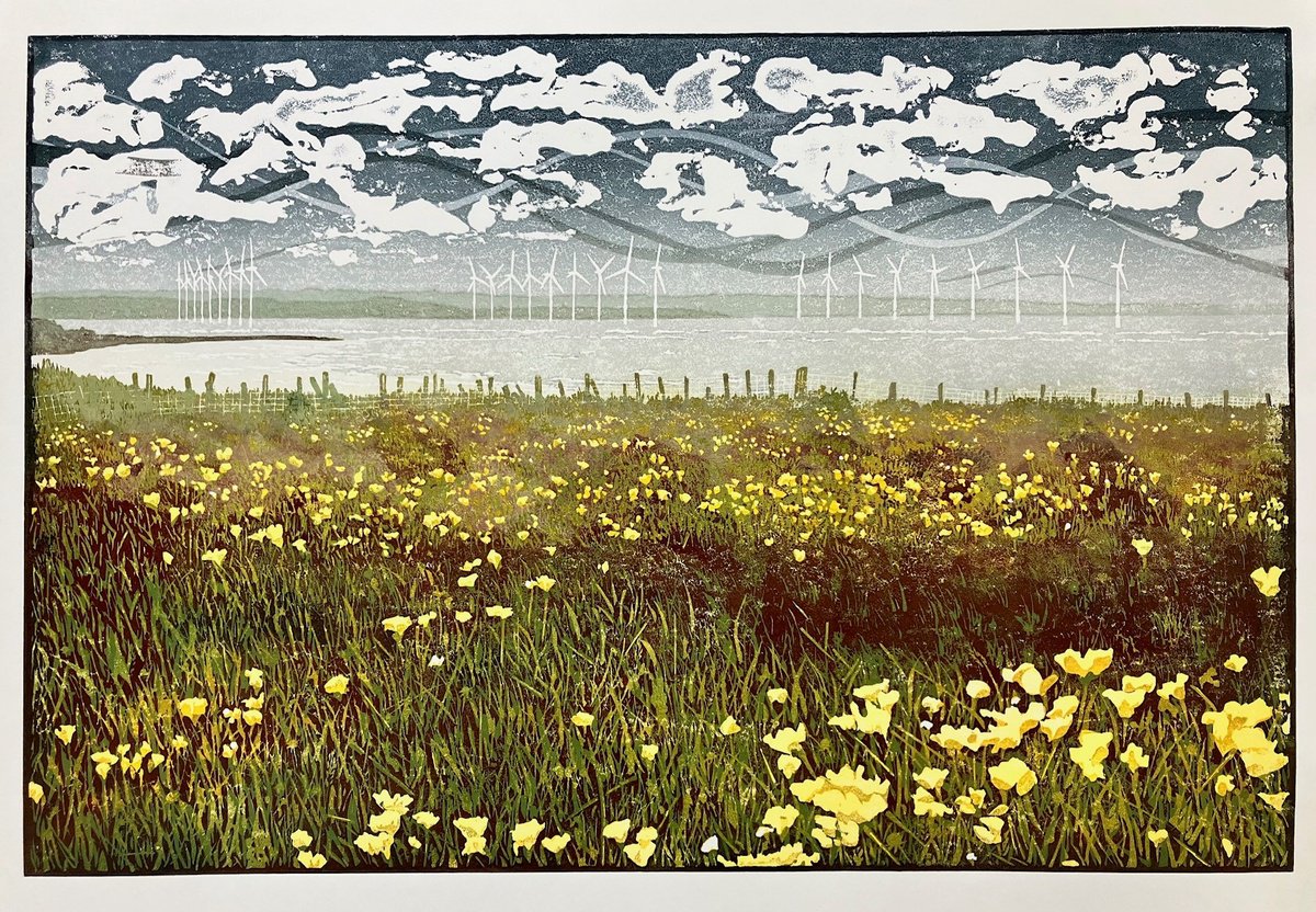 Buttercups and Turbines Linocut: Susan Noble | Artfinder