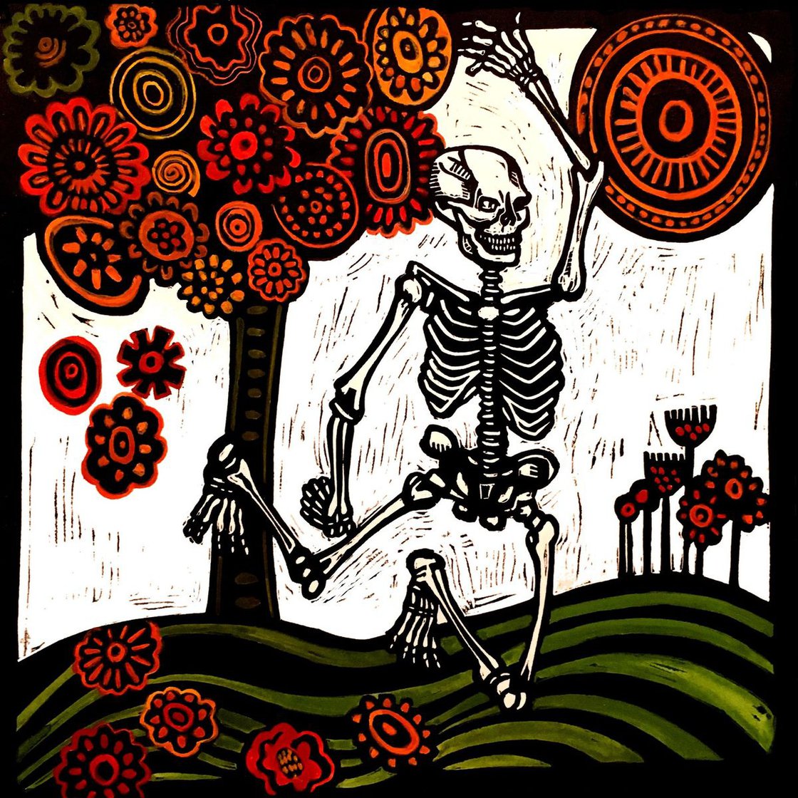 Skippy the Skeleton in Oranges and Reds Linocut by Laurel Macdonald ...