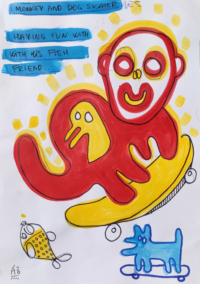 MONKEY, DOG, SKATE & FISH 21x30cm Acrylic painting: Angel Rivas | Artfinder
