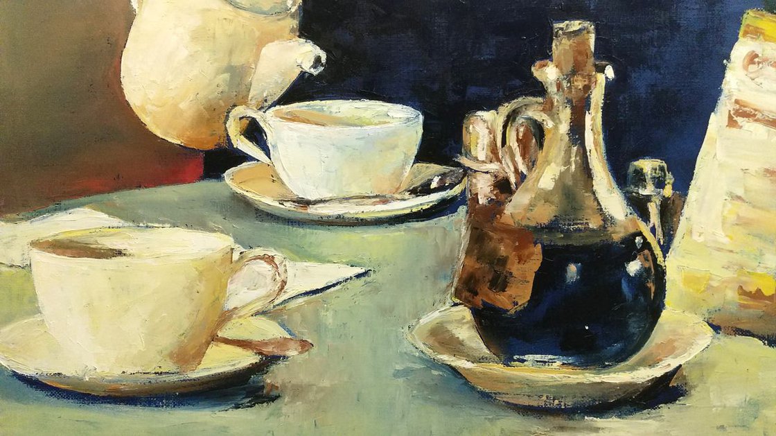 Tea time - still life with dishes, teapot and gentle touch Oil painting ...