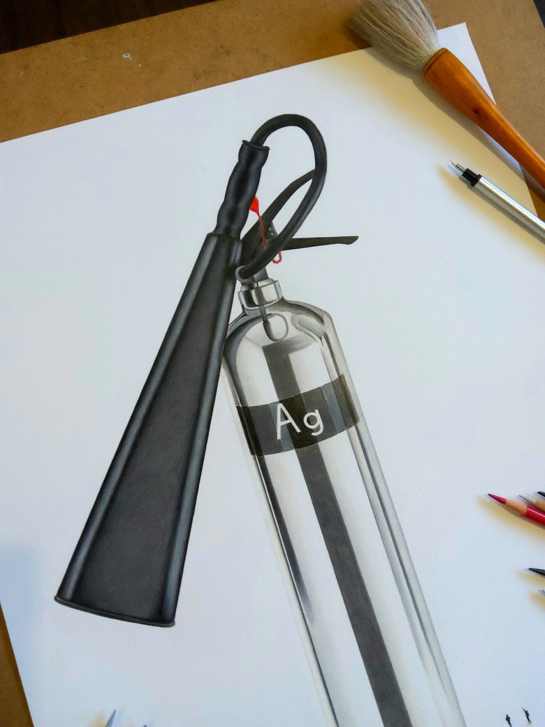 Original Pencil Drawing - Silver Fire Extinguisher by Daniel Shipton