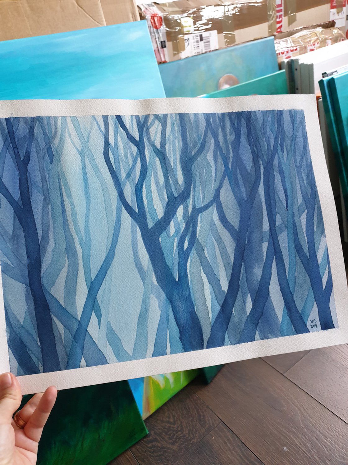 Blue midnight trees landscape Watercolour: Ksenia June | Artfinder