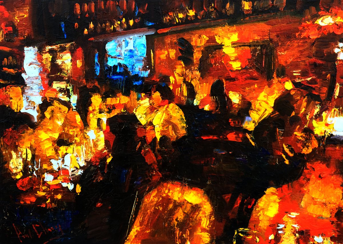 Busy Red Bar Oil painting: Paul Cheng | Artfinder