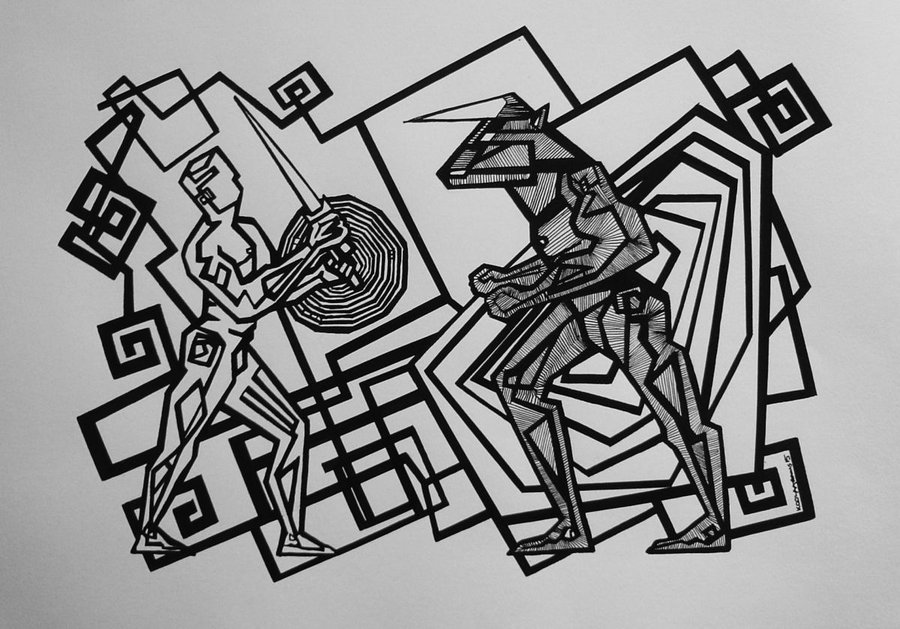 Theseus and the Minotaur Ink drawing by Koola Adams | Artfinder
