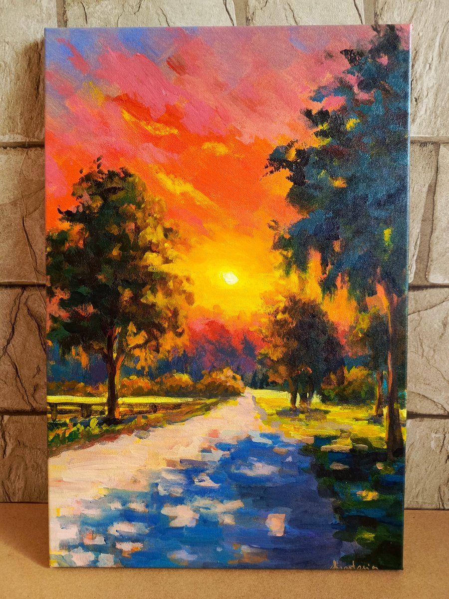 Sunrise landscape road trees Acrylic painting by Anastasia Art Line ...