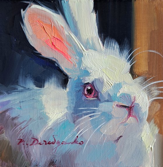 White rabbit oil painting original art 4x4, Animal oil painting in ...