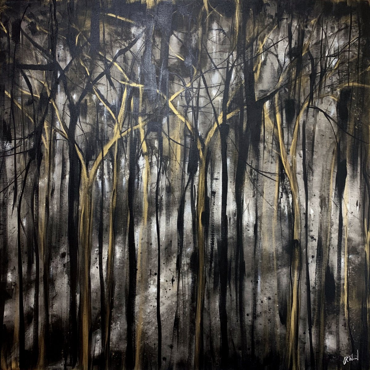 Black Abstract Forest Gold Acrylic painting: Carol Wood | Artfinder