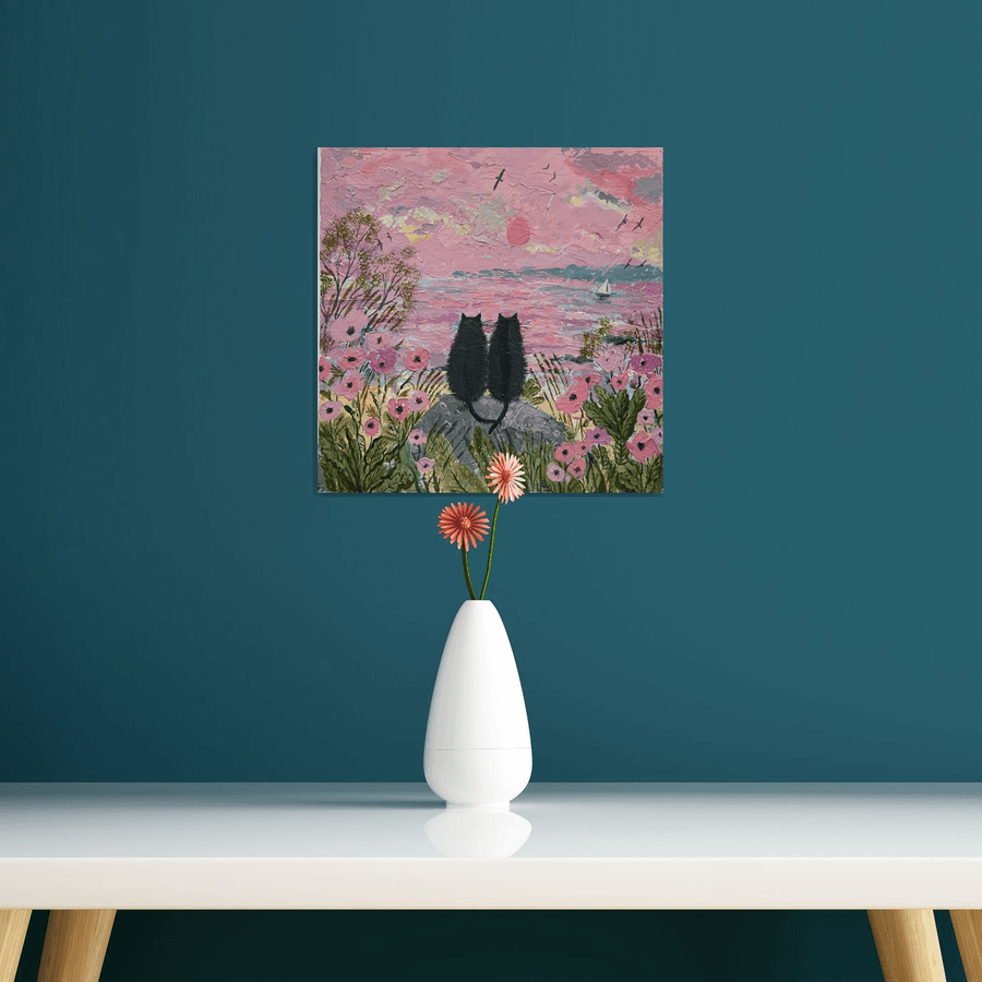 Original Acrylic Painting - Seaside Cats with Poppies by Mary Stubberfield