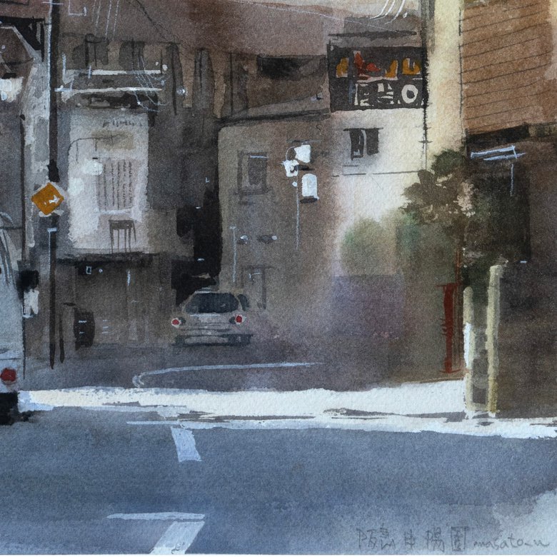 Original Watercolour - Hillside Neighborhood and Power Lines by Masato ...