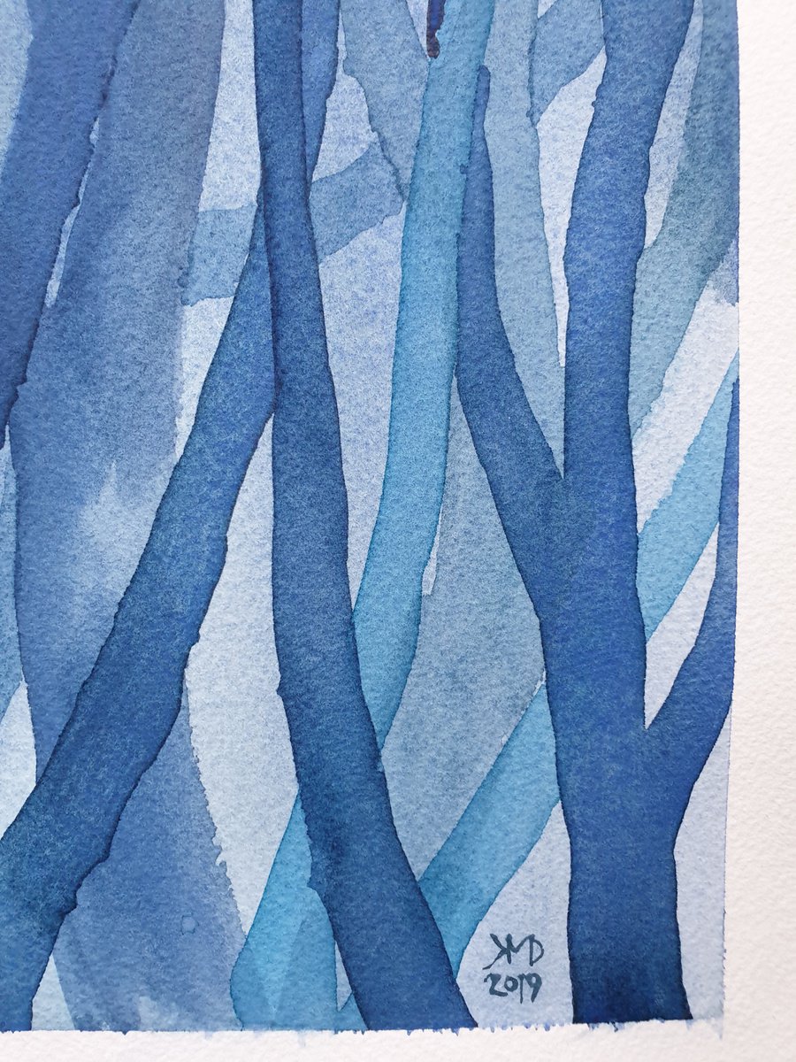 Original Watercolour - Blue Midnight Trees Landscape by Ksenia June