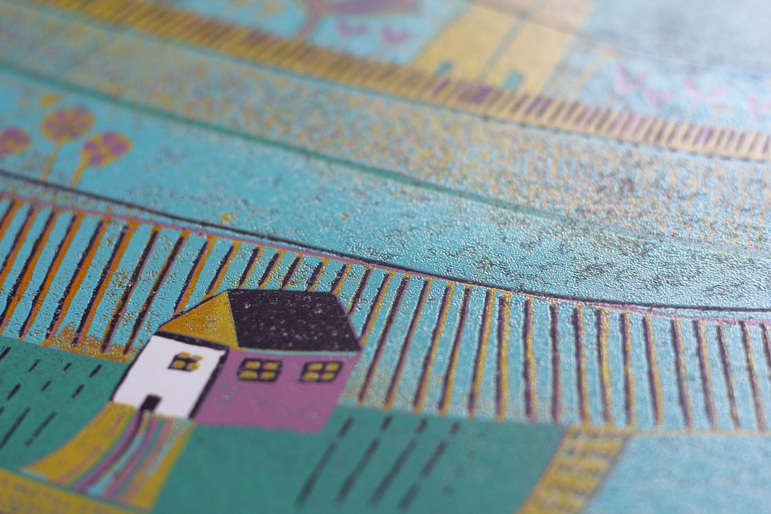 'Fields of Blossoms' Linocut: Layla Khani (aka Laylart) | Artfinder