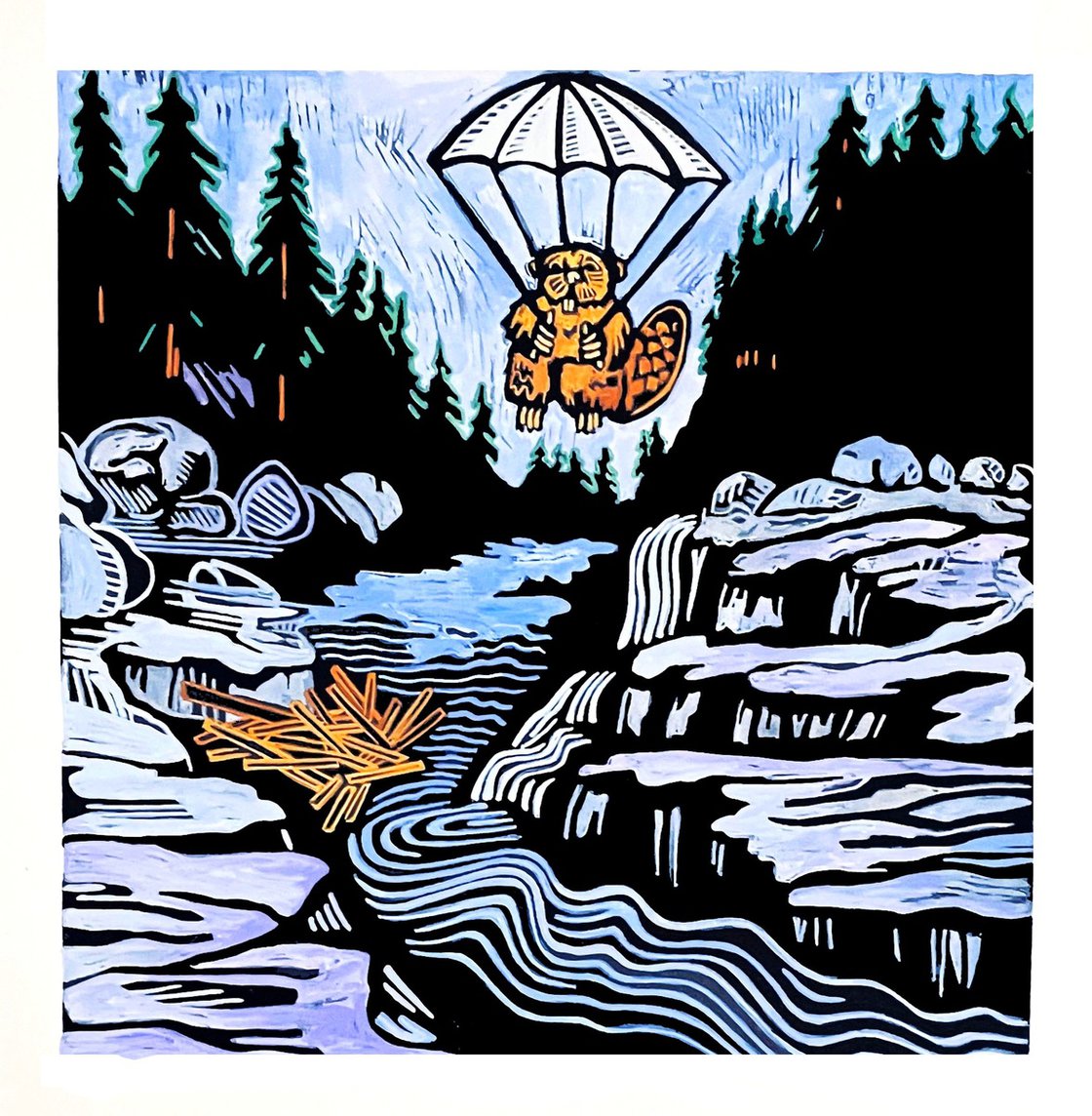Parachuting Beaver Linocut: Laurel Macdonald | Artfinder