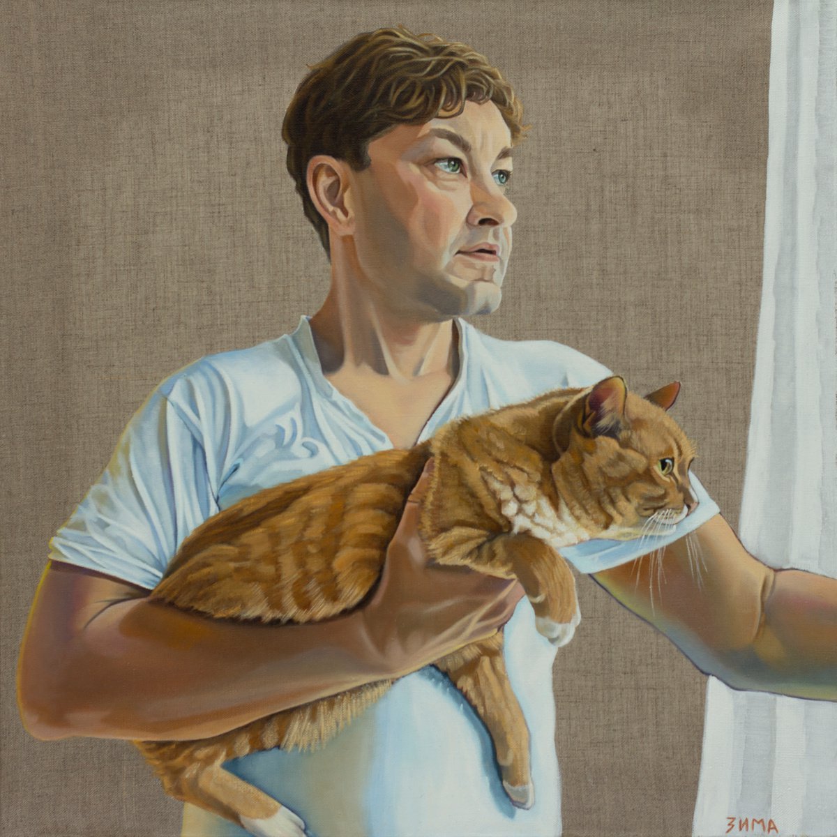 A man with a cat Oil painting: Elena Zima | Artfinder