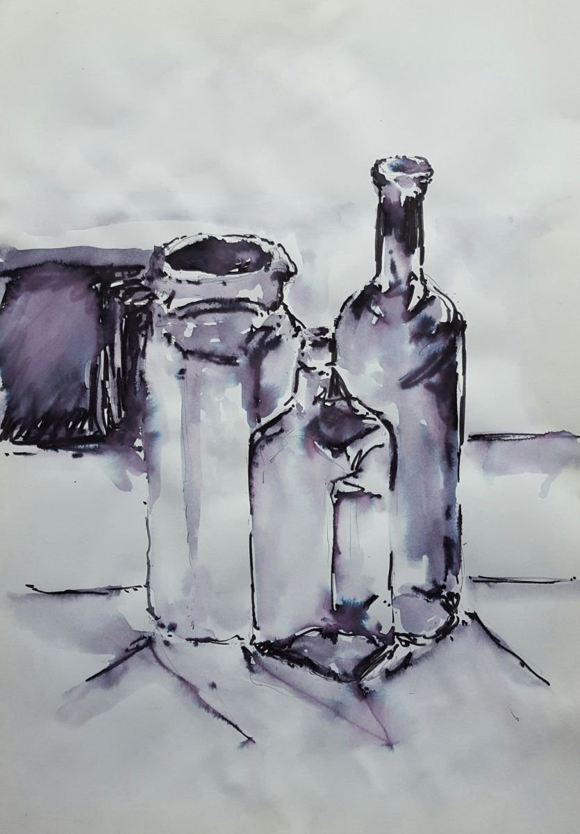 Bottles and Jars Ink drawing by Eddie Green | Artfinder