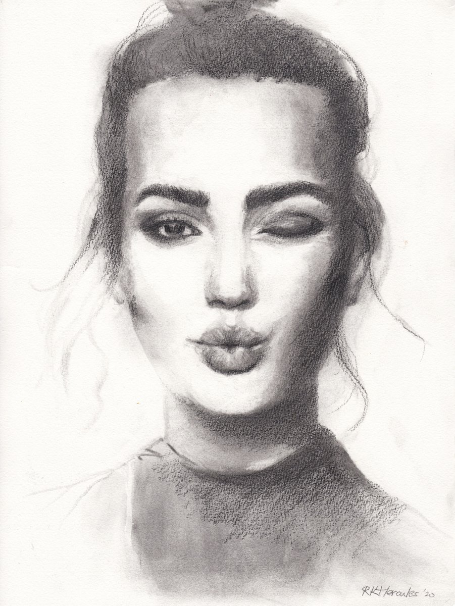 charcoal drawing of female wink woman fun flirting Charcoal drawing by ...