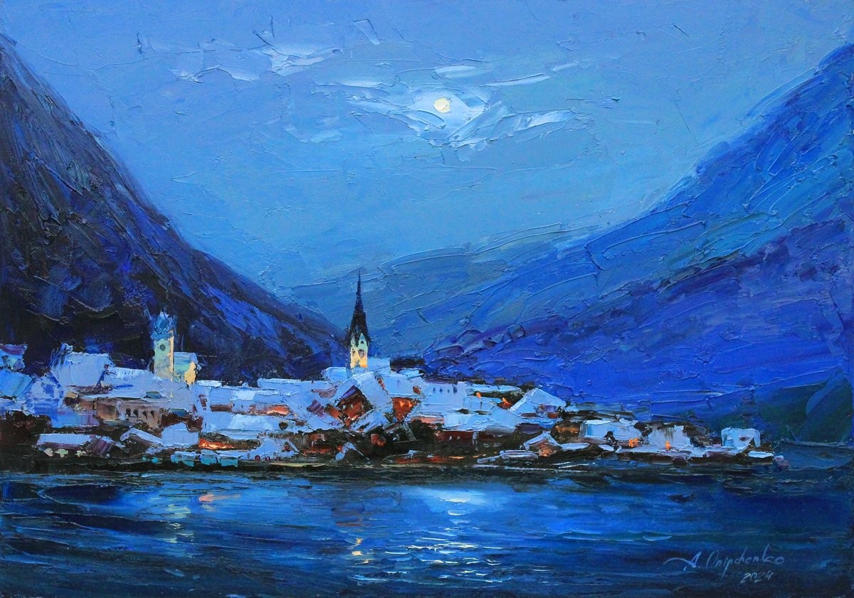 Night Hallstatt. Moon and clouds landscape Oil painting: Alisa ...