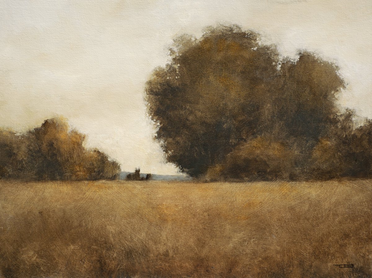 Trees And Field 220531, Tonal landscape and trees impressionist oil ...