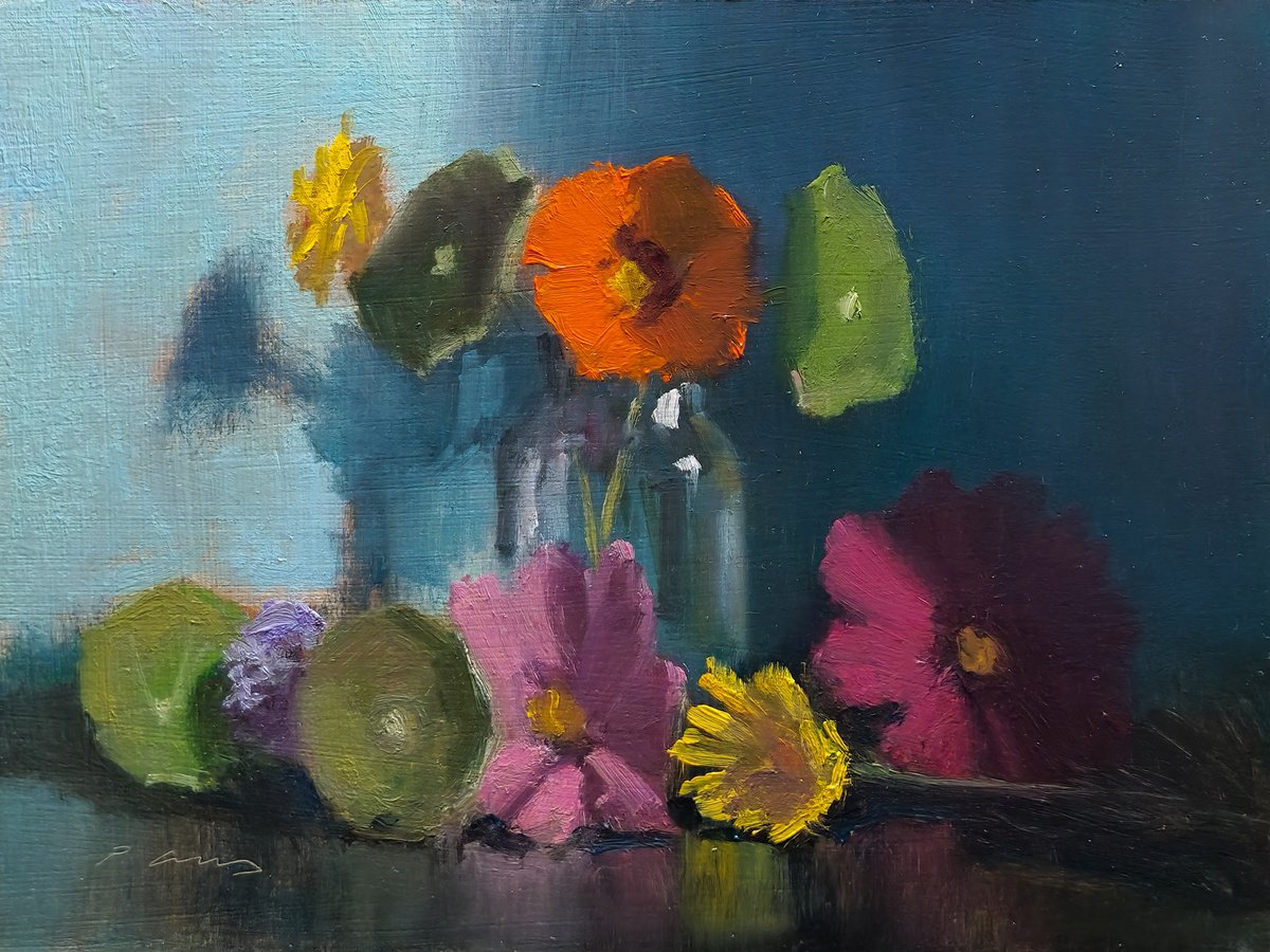 Cosmos and Nasturtium Oil painting: Pascal Giroud | Artfinder