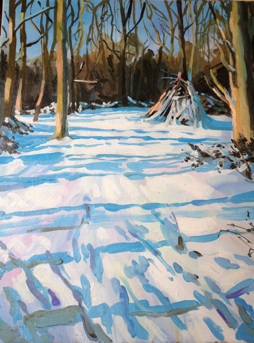 Snowy den on Wimbledon Common Oil painting by Katharine Rowe | Artfinder