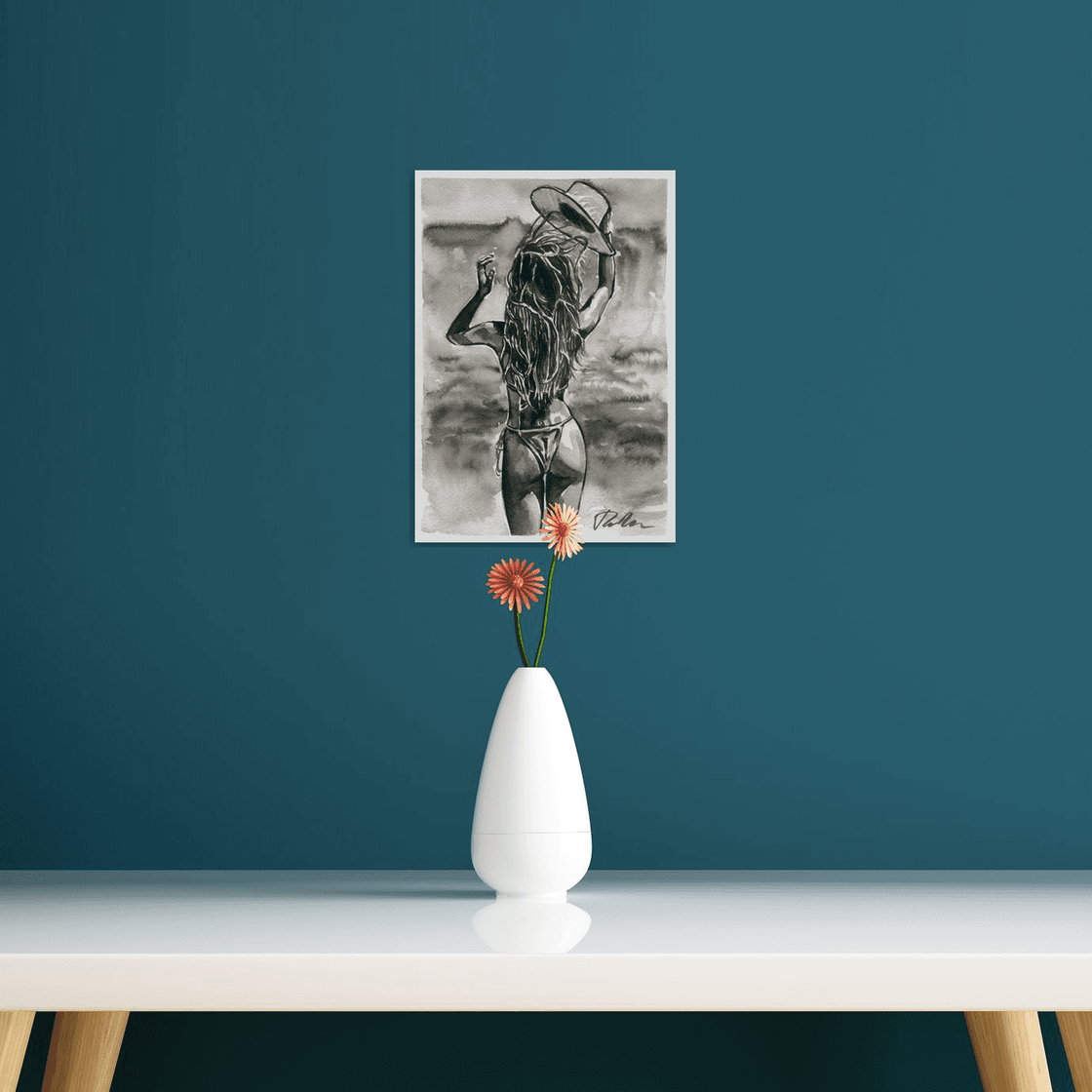 "Girl, sea, bonnet and wind" Ink drawing by Tashe | Artfinder