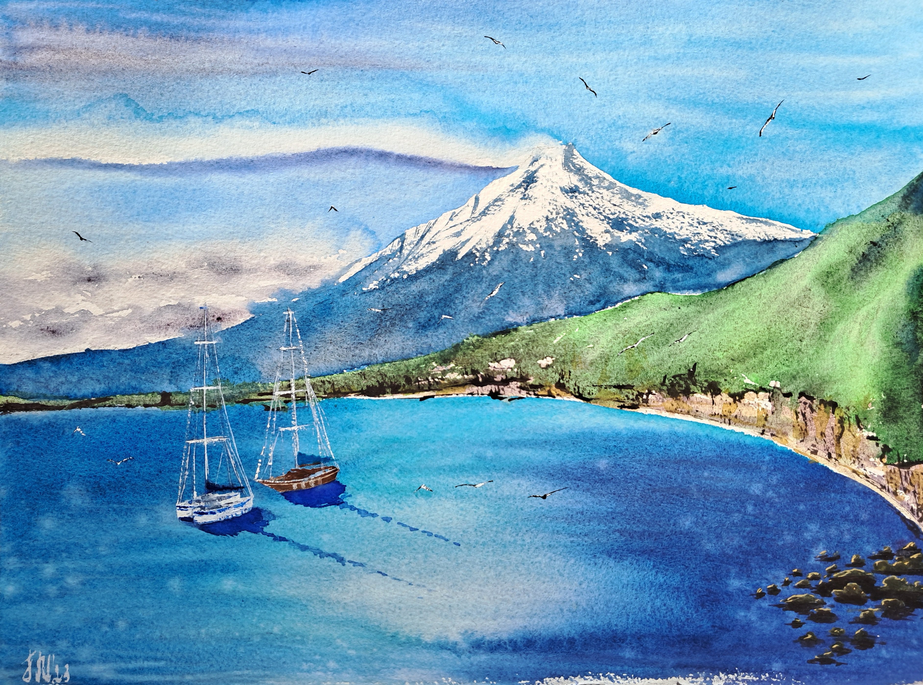 Original Watercolour - Volcano Etna Yacht Shadows by Yuliia Sharapova