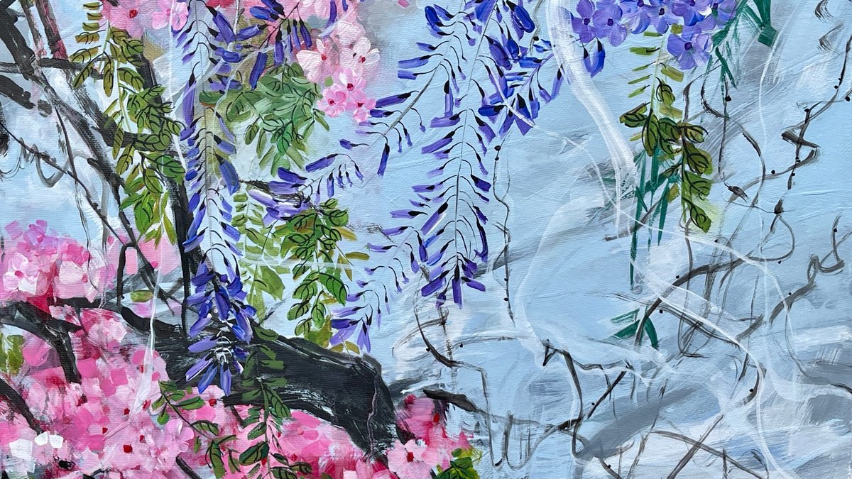 Cherry and wisteria Mixed-media painting by Tina Ding | Artfinder