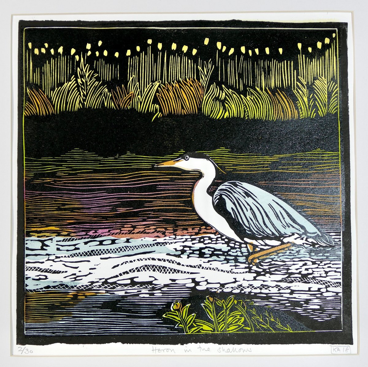 Heron in the shallows Linocut by Keith Alexander | Artfinder
