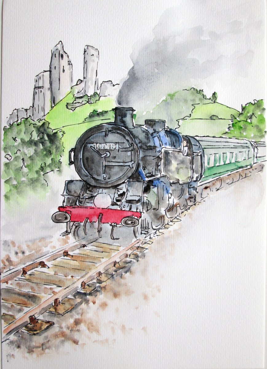 Steam Train and a Castle Mixed-media painting: MARJANSART | Artfinder