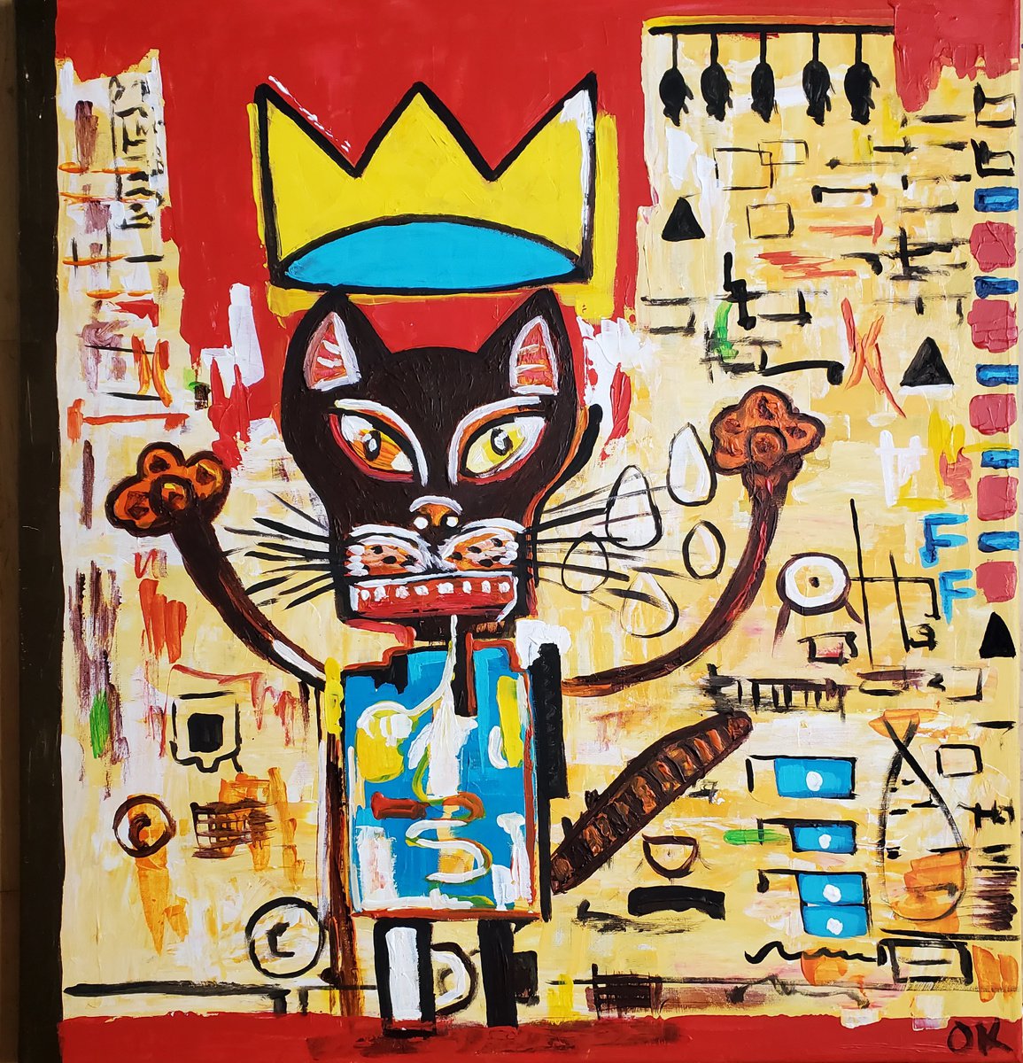 Cat version of painting by Jean-Michel Basquiat "GRILLO" (1984) Acrylic ...