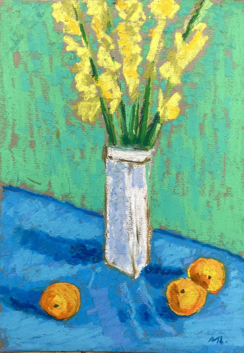 Yellow Flowers And Oranges Pastel drawing by Milica Radović | Artfinder