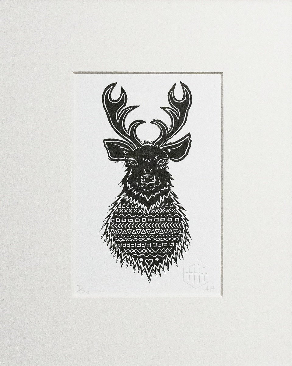 'Stag' in 10"x8" mount Linocut by AH Image Maker | Artfinder