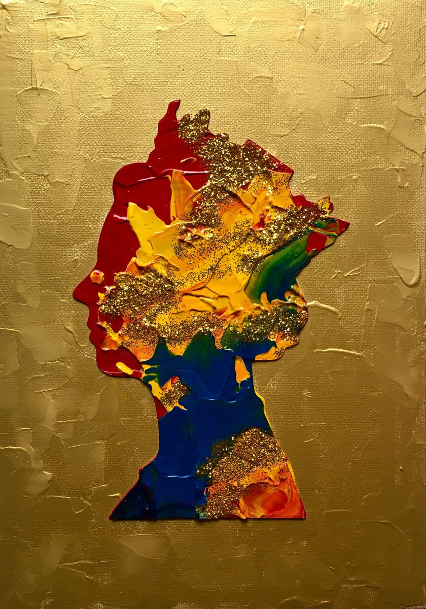 Queen Elizabeth abstract portrait #107 on gold, Royal Standard colours ...