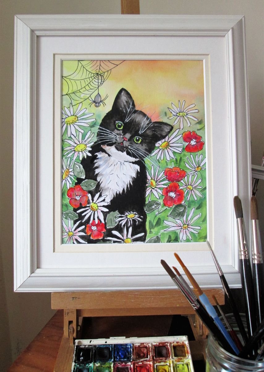Cat, Spider and Flowers, Tuxedo Kitten in flower garden Mixed-media ...