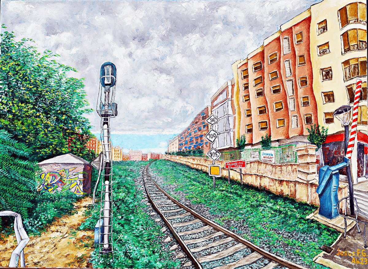 Train level crossing. Oil painting: Jesús Gómez | Artfinder
