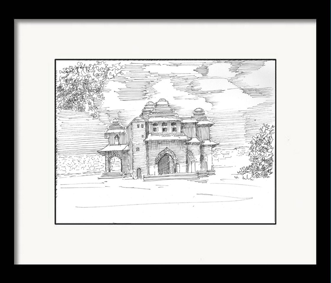Original Ink Drawing - Set of Two- Hampi Ruins, India by Asha Shenoy