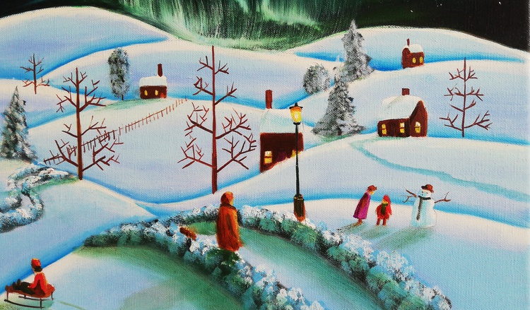 Winter folk art landscape painting | Artfinder
