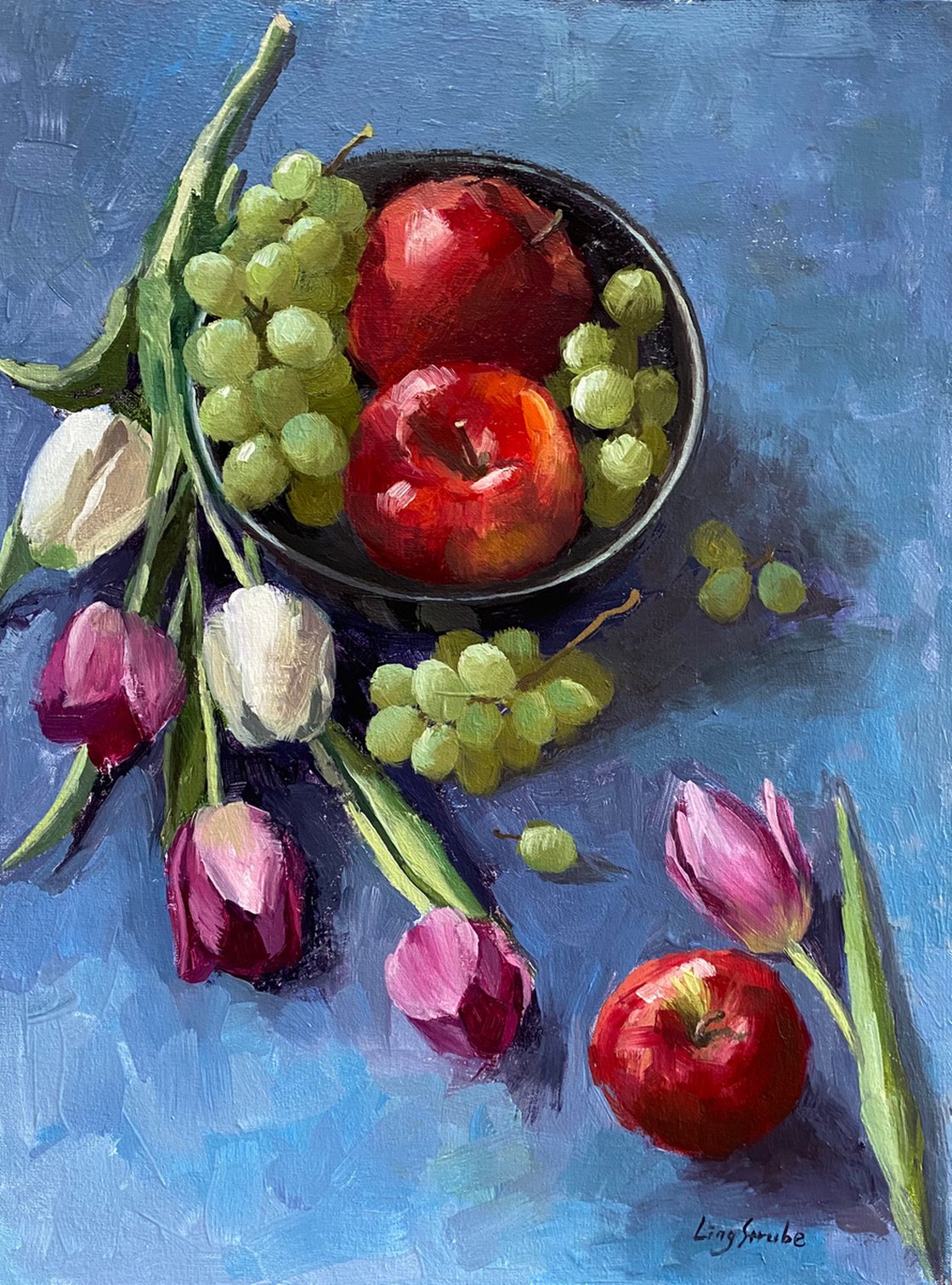 Still Life with Fruits and Flowers. Oil painting by Ling Strube | Artfinder