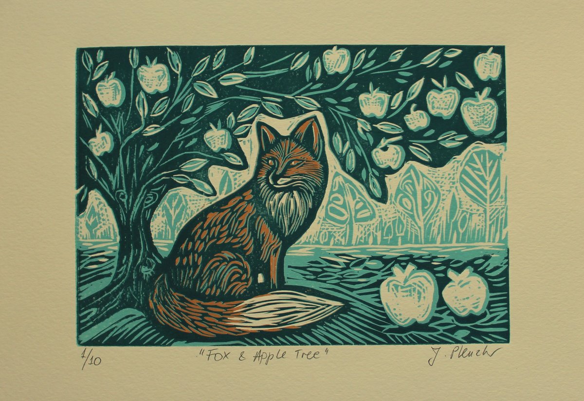 Fox & Apple Tree Linocut: Joanna Plenzler | Artfinder