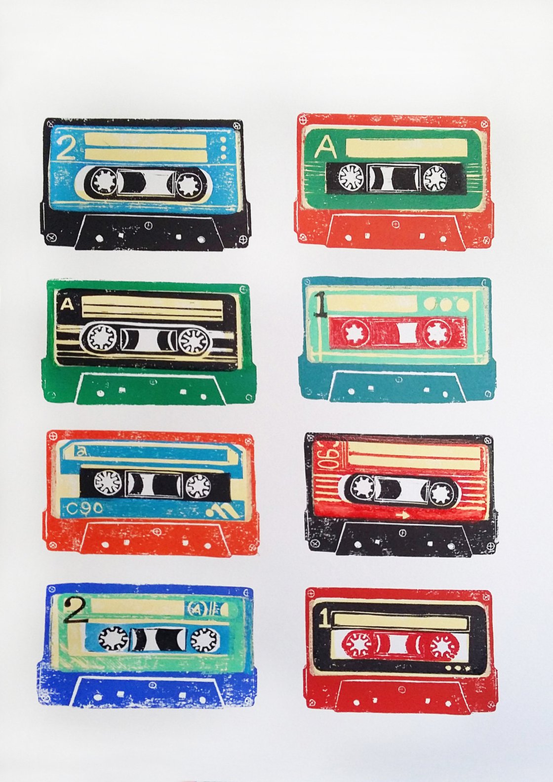 Linocut tapes #28 (cassette tapes, retro music, 70's, 80's rock culture ...