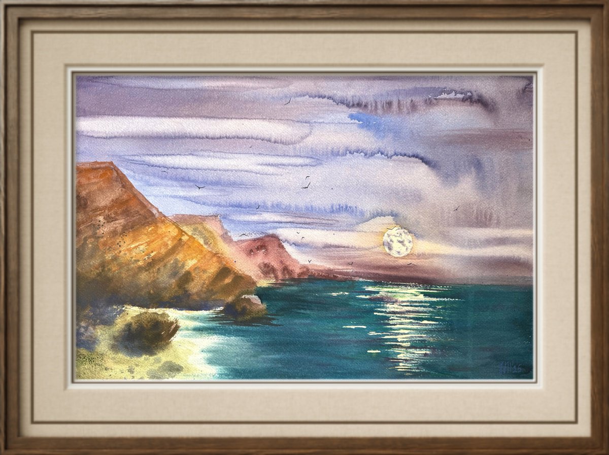 Full Moon Moonlight Sea Watercolour: Yuliia Sharapova | Artfinder