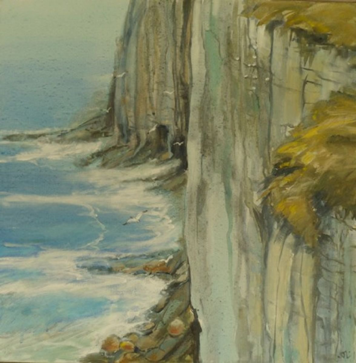 Bempton Cliffs and birds Acrylic painting: Jean Luce | Artfinder