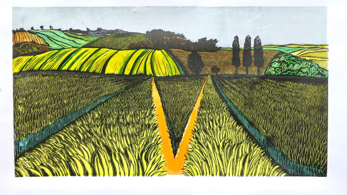 Barley above Gilling West Linocut: Keith Alexander | Artfinder