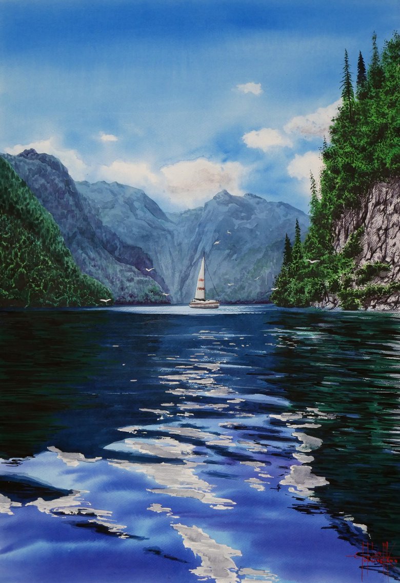 Original Watercolour - Sailboat in the Bay by Eugene Gorbachenko