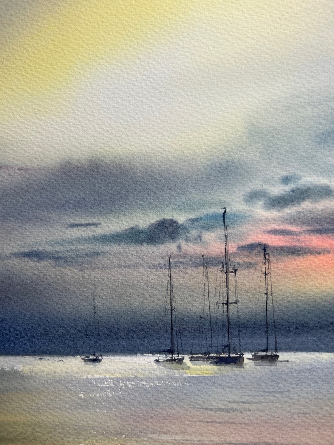 Yachts at sea at dawn #2 Watercolour: Eugenia Gorbacheva | Artfinder
