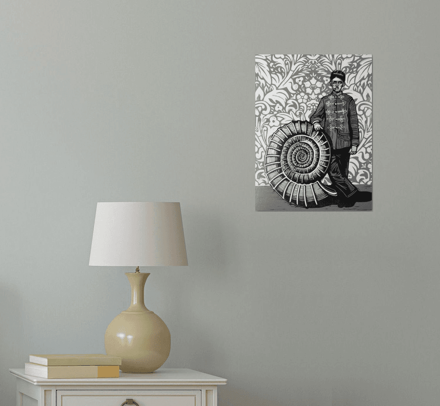 Ammonite Boy Linocut: Ieuan Edwards | Artfinder