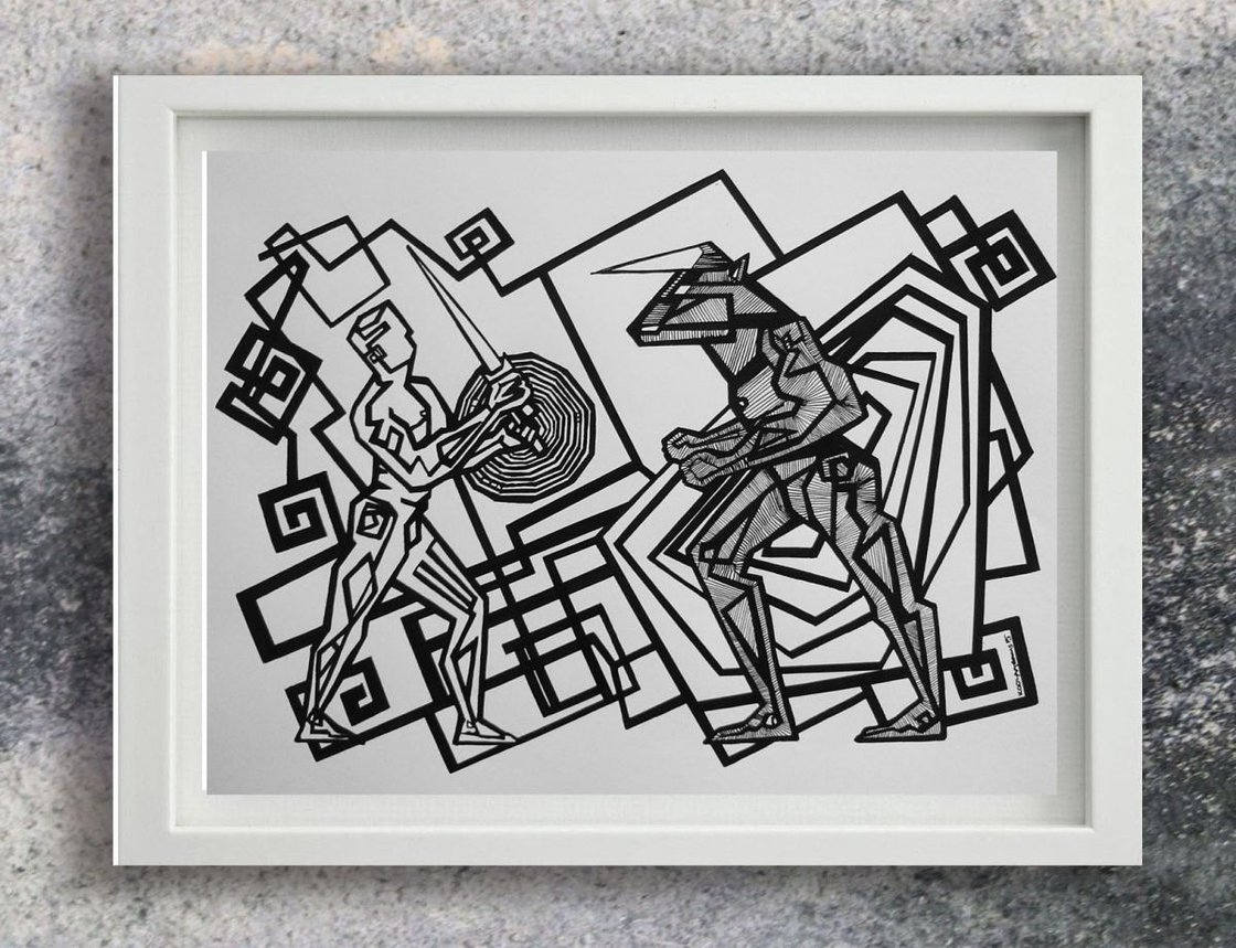 Theseus and the Minotaur Ink drawing by Koola Adams | Artfinder