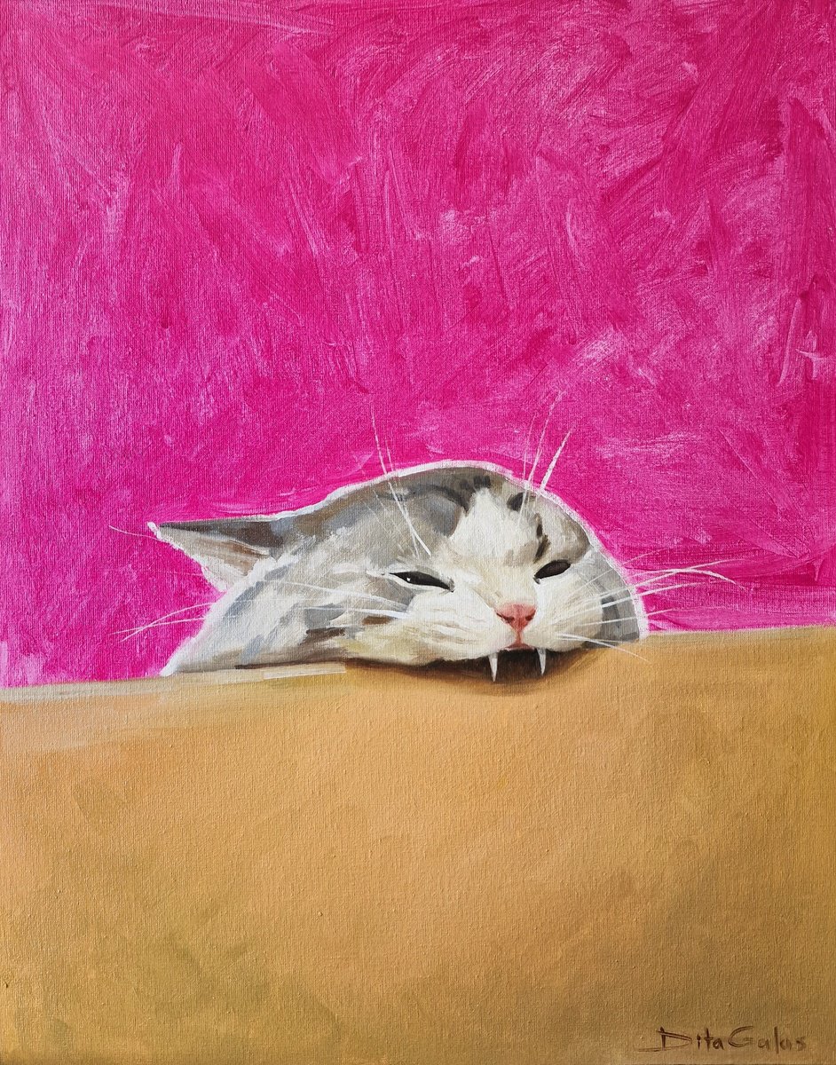 Pink cat nibble Oil painting by Dita Galas | Artfinder