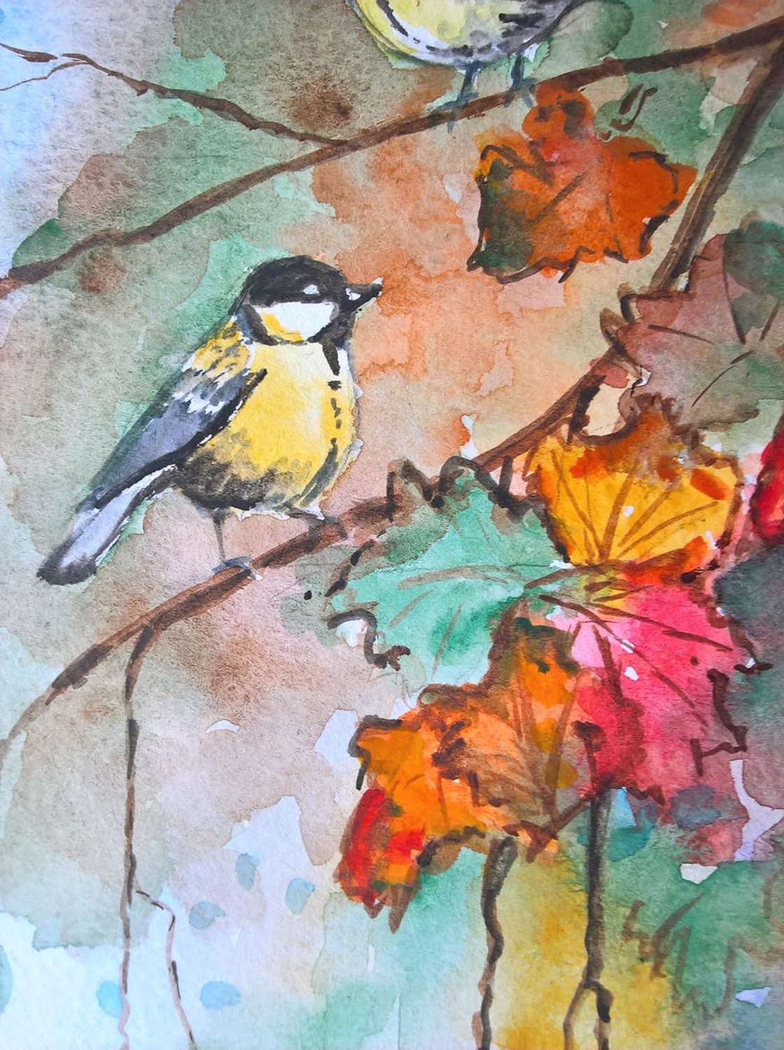 Two Birds in an Autumn Tree by marjansart Watercolour by MARJANSART ...